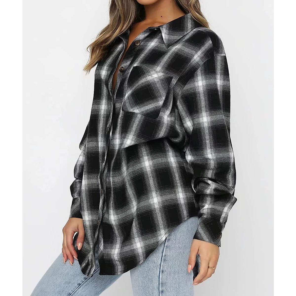 Lacozy Women’s Long Sleeve Buffalo Plaid Flannel Shirt Basic Button Down High Low Hem Tops Black Medium