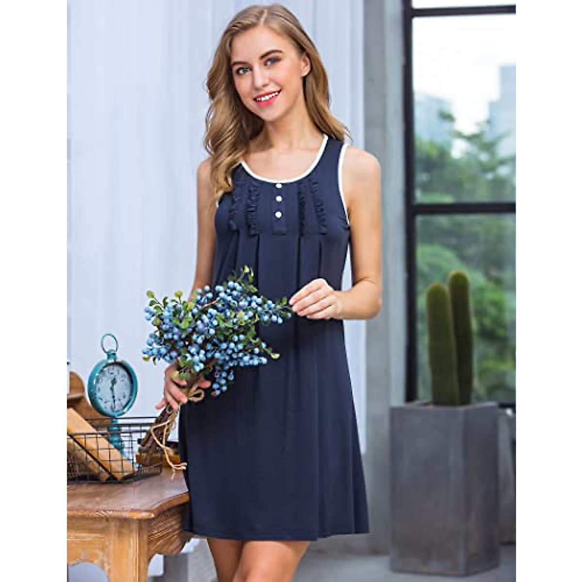 HOTOUCH Womens Nightgowns Sleeveless Sleepshirt Short Nightie Soft Sleep Night Shirts Soft Sleepwear Gowns Navy Blue L