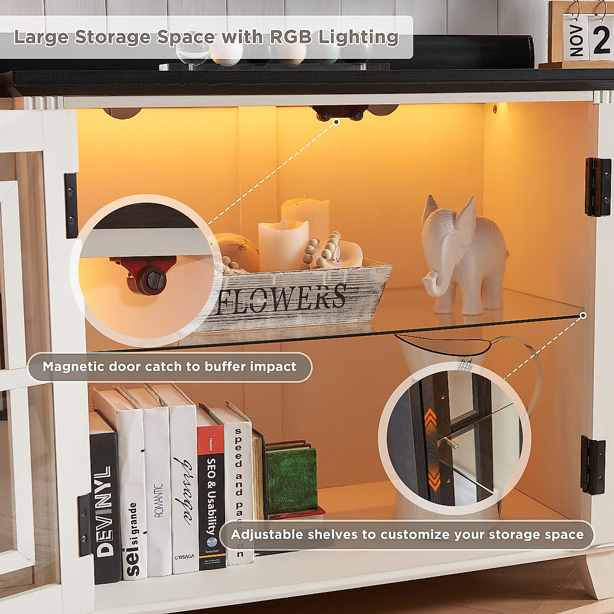 JXQTLINGMU Ultra Large 70 inch TV Stand for 80 Inch TV, LED Media Console with 3-Sides Hollow Out Glass Doors, Farmhouse Entertainment Center with Storage for Living Room, Bedroom, White