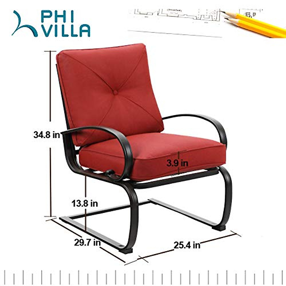 PHI VILLA Patio Spring Motion Metal Dining Chairs Set of 2, Patio Furniture Rocking Chairs with Removable Padded Cushion for Deck,Porch,Red