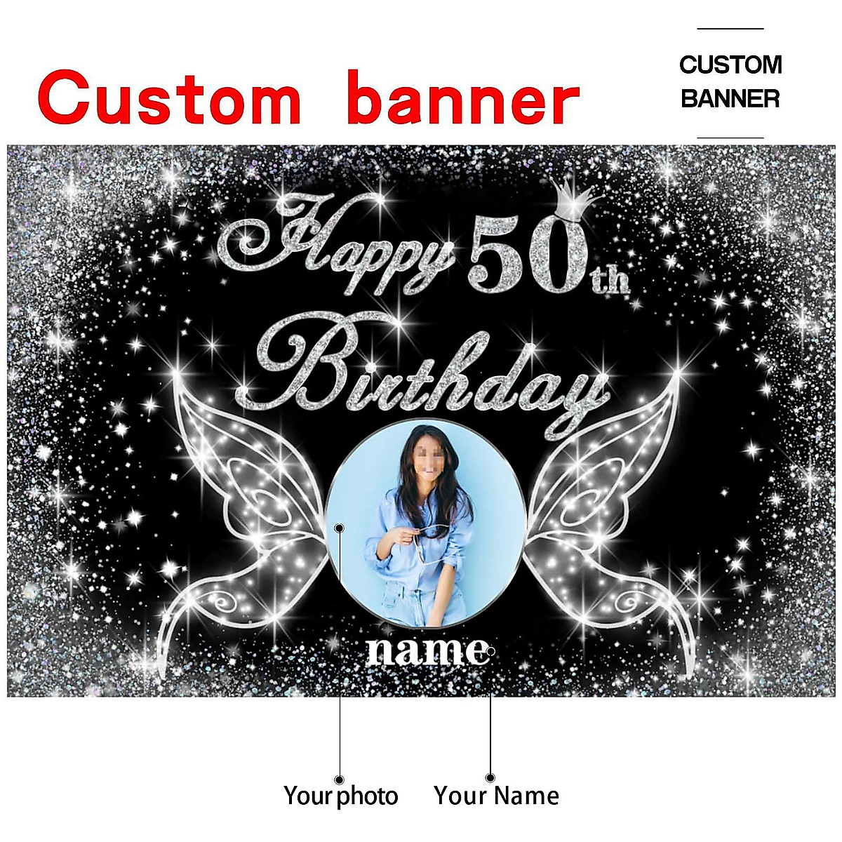 Custom Happy 50th Birthday Party Decoration Banner - Angel Wings Theme - Black and Silver