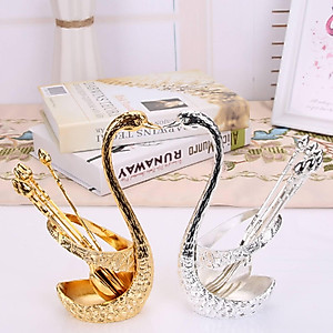 Agatige Gold Coffee Spoon for Coffee Bar, 6pcs 5in Long Coffee Stir Spoon Crown Handle Dessert Spoons Gold Tea Spoons Espresso Spoons with Decorative Swan Base Holder (Gold)