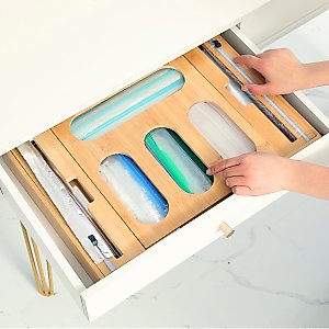 IK Innovations Bamboo Ziplock Bag Organizer for Drawer 7-In-1 Expandable Foil and Plastic Wrap Organizer 12” With Baggie Holder | Ziplock Bag Storage Organizer for Gallon Quart Sandwich Snack Bags