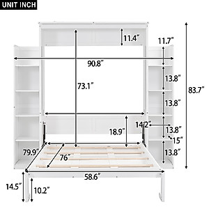 BIADNBZ Full Size Murphy Wall Bed with Side Cabinet Storage and LED Lights, Wood Vertical WallBed Foldable Bedframe with Shelves/Bookshelves for Guest Room Apartment, White