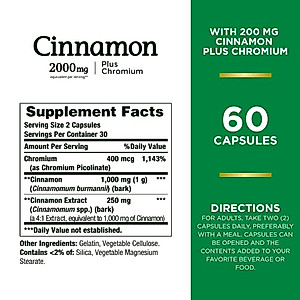 Nature’s Bounty Cinnamon 2000mg Plus Chromium, Sugar Metabolism Support Supplement, 60 Capsules