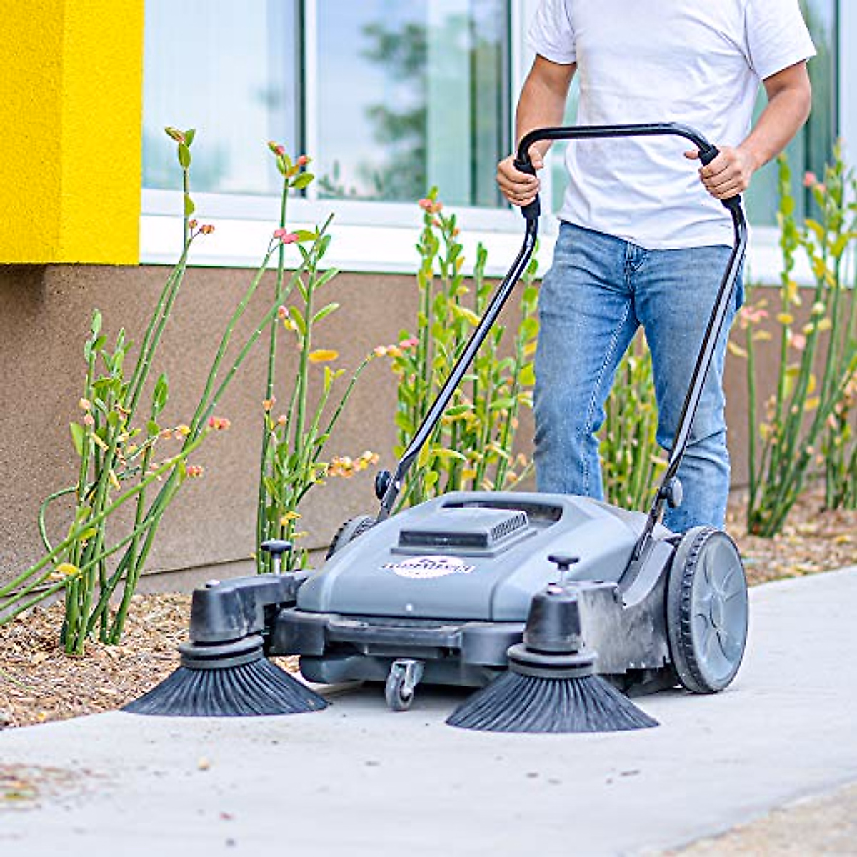 Tomahawk Industrial 38" Walk Behind Push Sweeper with Triple Power Side Brooms Floor Cleaning of Dust Litter Grass