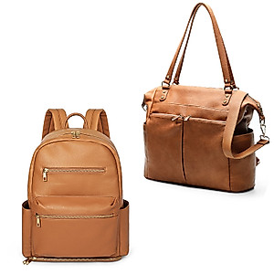 MOMINSIDE Diaper Bag Tote Leather Diaper Bag Backpack for Mom Dad Large Travel Diaper Tote Baby Bag for Boys Girls with 4 Insulated Pockets, Changing Station, Shoulder Straps