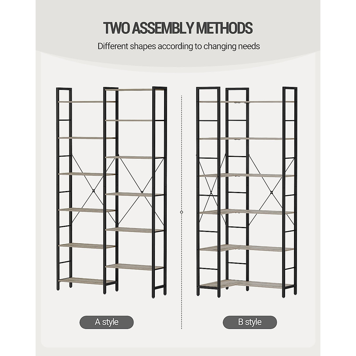 Hzuaneri Corner Bookshelf Bookcase, L-Shaped Industrial Bookshelves, Modern Tall Bookcases, Freestanding Display Shelf Storage Rack for Bedroom, Living Room, Home Office, 6-Tier Greige BC29605B