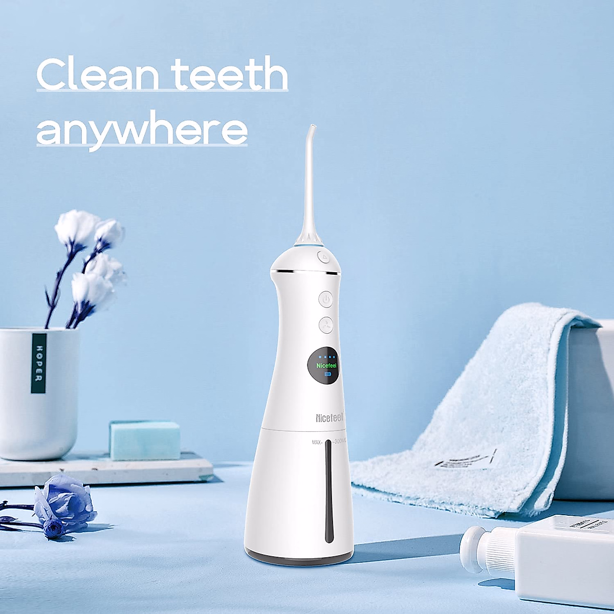 Nicefeel Portable Water Flosser Cordless Rechargeable Dental Cleaner Irrigator, with Gravity Ball, LCD Display, 300ml tank 6 Modes 4 Jet Tips, and IPX7 Water proof for Travel & Home & Braces