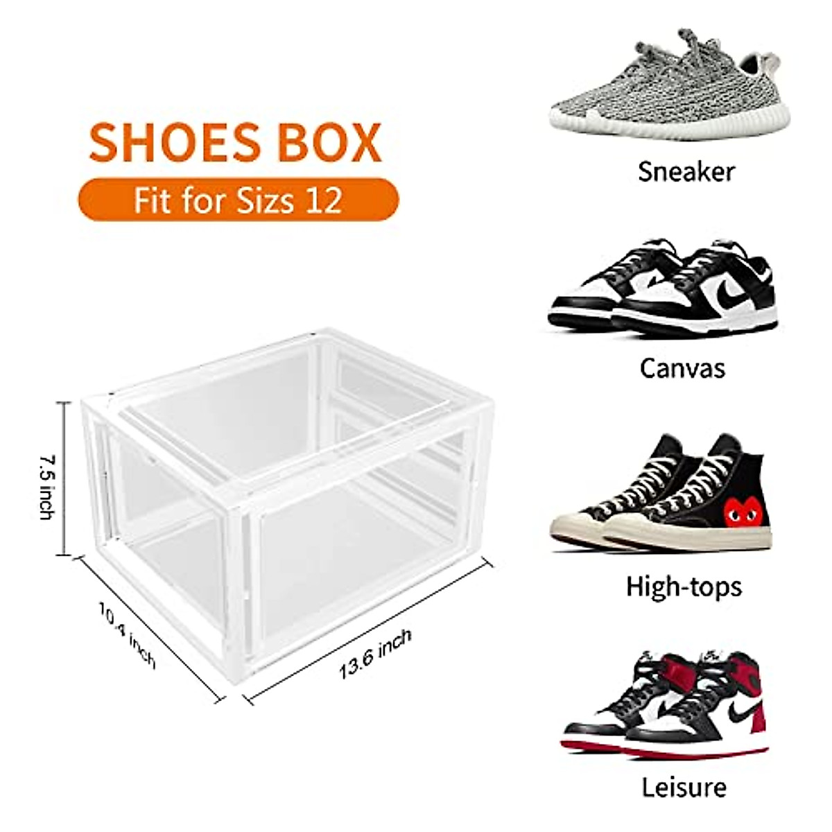 Eoszaous Shoe Box, 6 Pack Shoe Boxes Clear Plastic Stackable, Shoe Storage Boxes with Lids, Drop Front Shoe Boxes for Sneaker Storage Display, Fit Up to US Size 12 (13.6”x 10.4”x 7.5”) (Transparent)