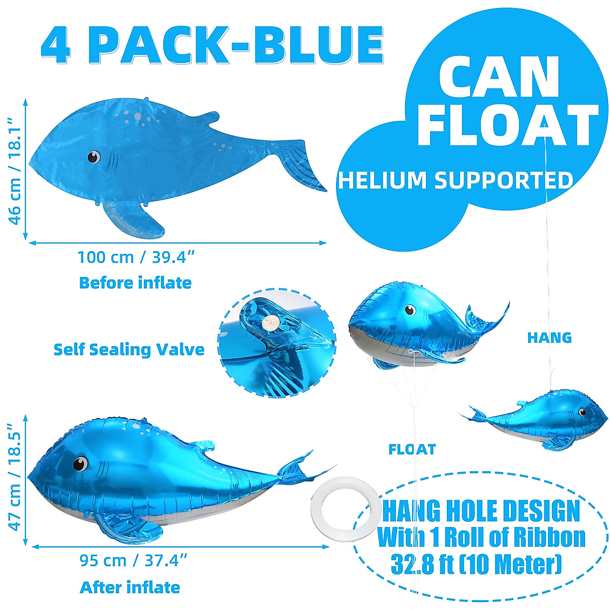 Cute 4D Whale Balloons Under The Sea Decorations Ocean Balloons, 4 Pack Gaint 37'' Whale Shape Mylar Foil Balloons Sea Animal Balloons Fish Balloons Beach Party Supplies, Blue