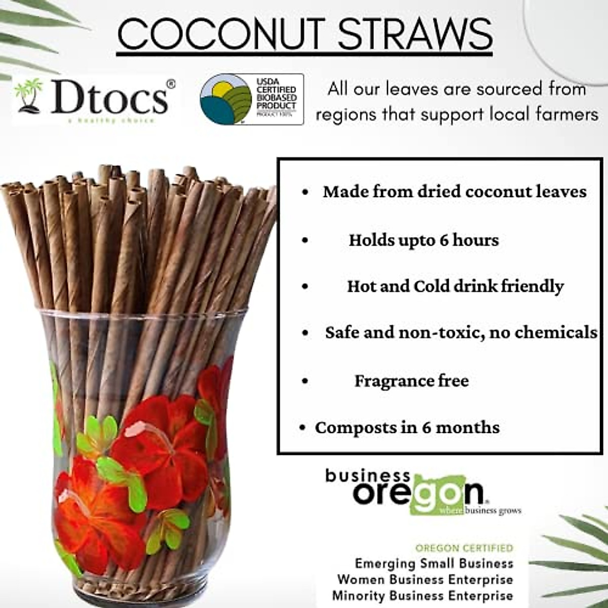 Dtocs 100 Pc. Elegant Bamboo Straw Look Coconut Leaf Disposable Straws | Long Unwrapped Biodegradable Smoothie, Cocktail, Coffee Compostable Straw Alternate to Wooden, Paper, Plastic & Reusable Straws