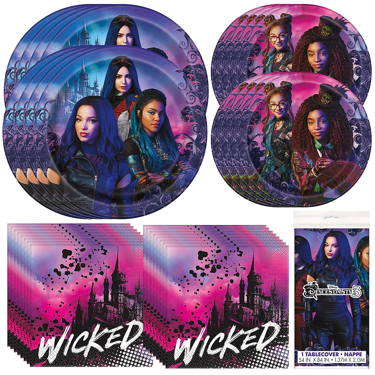 Unique Disney Descendants 3 Party Bundle, Dinner & Dessert Plates, Luncheon Napkins, Table Cover, Great for Fantasy Themed Celebrations, Birthday Bash, Halloween Parties
