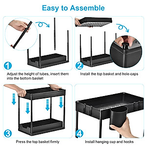 Height-adjustable Under Sink Organizers and Storage, 2-Tier Under the Sink Organizer with Sliding Drawer, Hooks, and Hanging Cup, Premium Bathroom Organizer Under Sink