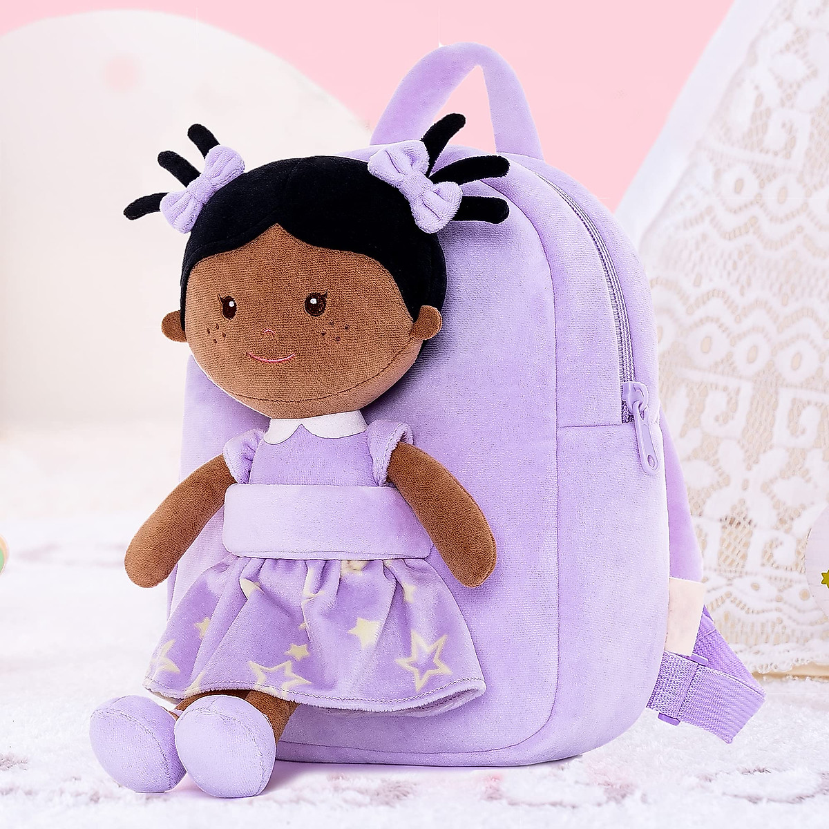 Onetoo Toddler Kids Backpack with Soft Tanned Baby Dolls in Purple Star Dress 9.5"