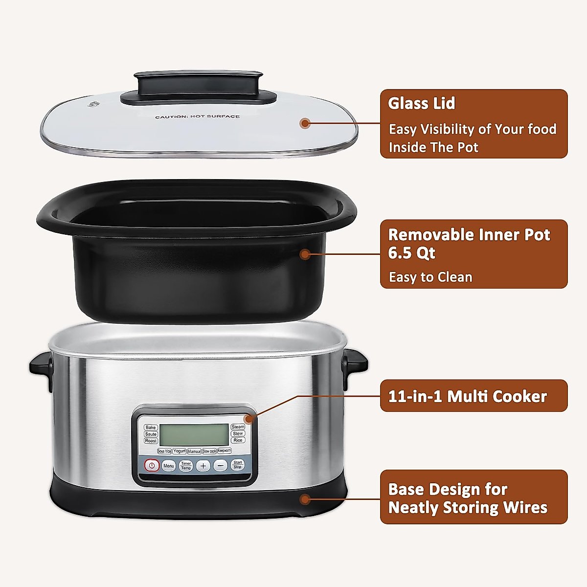 spoonlemon 6.5Qt 11-in-1 Multi Cooker, Digital Programmable Slow Cooker With Bake, Sauté, Roast, and Sous Vide functions, 1500W Timer&Temp Control,Dishwasher Safe Lid&Nonstick Inner Pot