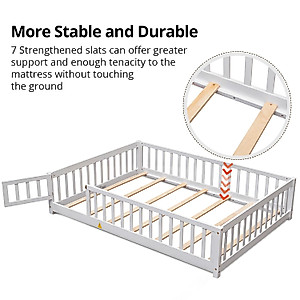 LLS Twin Floor Bed, Durable Montessori Floor Bed with Wood Slats, Safety Fence & Small Door, Wood Floor Bed Frame for Girls Boys Children, White (with Bed Slats)