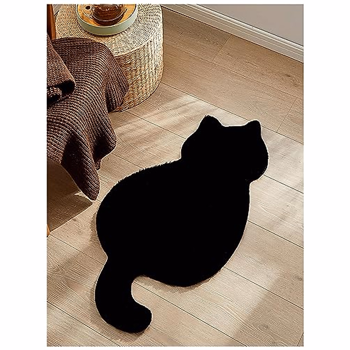QWINEE Cute Cat Animal Shape Plush Rugs Cat Bed Mat Non Slip Soft Bath Carpet Thick Bath Mats for Pet Bed Mat Living Room Kitchen Black 18"*30"