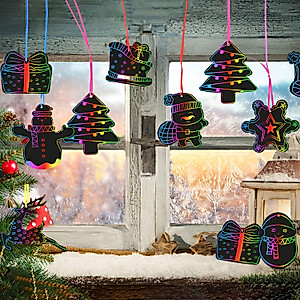 72 Pieces Christmas Scratch Ornaments Scratch Art Ornaments Scratch Paper Craft Hanging Craft Art Kits with Wooden Stick and Rope for Kids Christmas Party Decorations