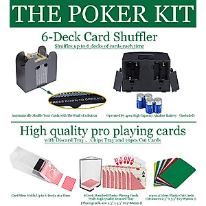 Ultimate Casino Game Set: 6 Deck Shuffler+300pc Hi-End Chips+8 Pro Plastic Poker Card+Card Shoe+Chip Rake+Felt+Accessories, Blackjack Set & Texas Holdem Kit, Poker Night Kit for Adult Casino Party