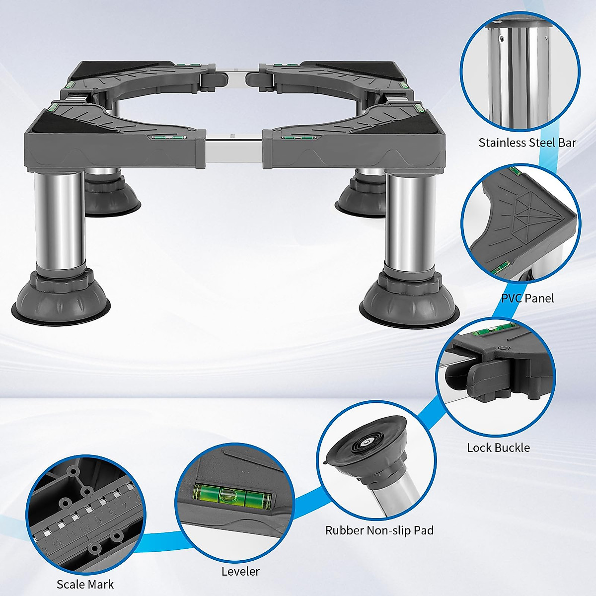 WBD WEIBIDA Mini Fridge Stand Height 7"-8.4" Universal Washer and Dryer Pedestal Adjustable Refrigerator Stand with 4 Upgraded Feet Heavy Duty Washing Machine Platform Fridge Holder for Dorm Appliance