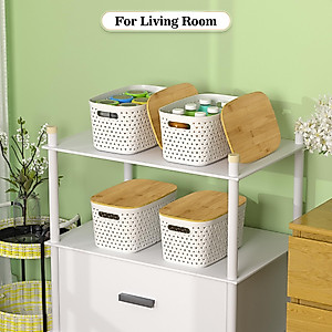 Plastic Storage Bins with Bamboo Lids Set of 4 - Pantry Organization and Storage Containers Storage Baskets - Stackable Storage Bins for Shelves Drawers Desktop Closet Playroom Classroom Office