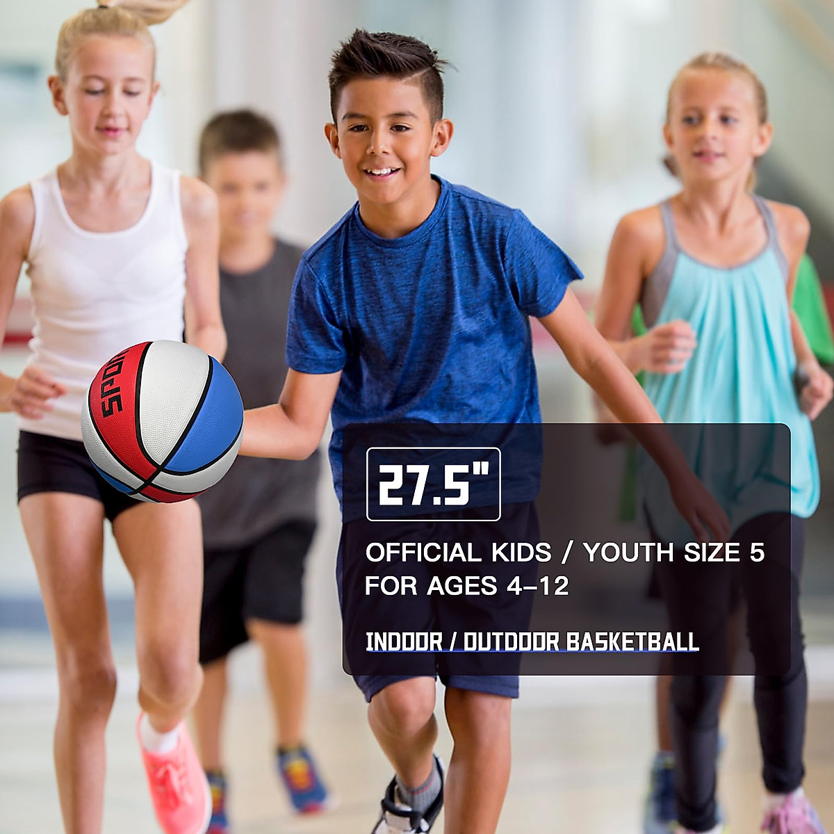 KUYOTQ Kids Youth Size 5 (27.5") Basketball Premium Rubber Outdoor Basketball Youth Basketball Indoor Outdoor for Boys Teen Game Sports Basketball Ball Gift (Deflated,Red White Blue)