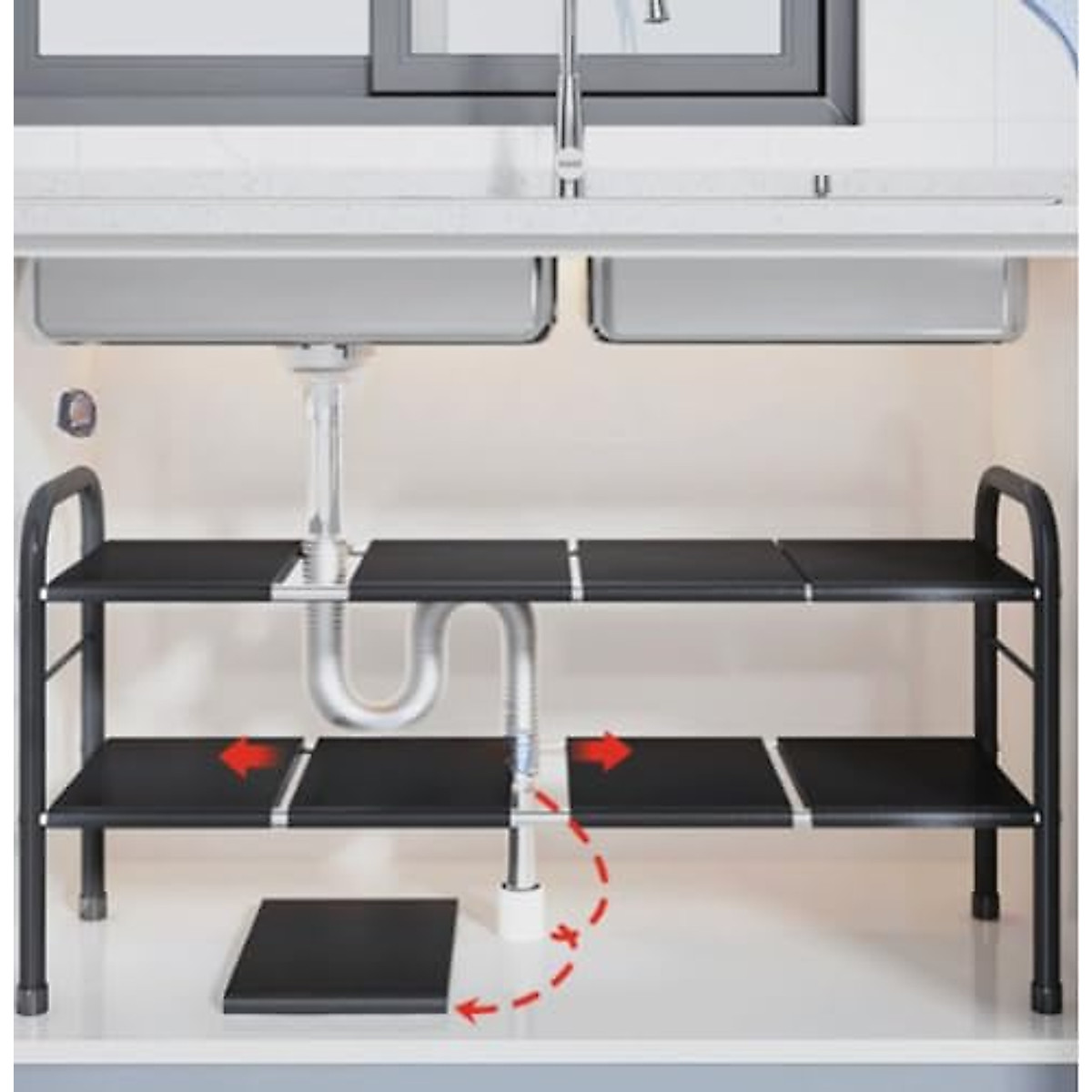 2-Tier Bathroom Kitchen Cabinet Organizers,Under Sink Storage Shelf Telescopic Adjustable with Removable Panels,for Laundry Bedroom