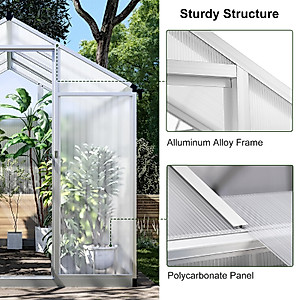 6x8 FT Greenhouse for Outdoors, Polycarbonate Greenhouse with Quick Setup Structure and Roof Vent, Aluminum Large Walk-in Greenhouse for Outside Garden Backyard, Silver