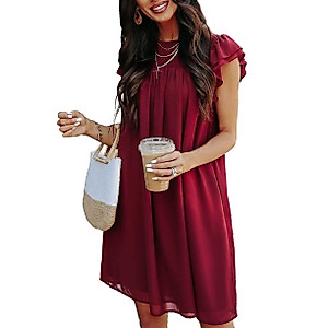KIRUNDO Wedding Guest Shift Dresses for Women Short Spring Summer Ruffle Cap Sleeve Chiffon Babydoll Flowy Mini Sundress(Jujube Red, Medium)