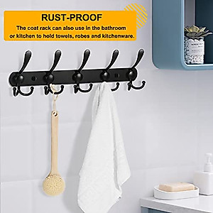 TBMax Coat Rack Wall Mounted - 2 Pack Sturdy Metal Coat Hook Rail with 5 Tri Hooks for Coat Hat Towel Purse Robes Mudroom Bathroom Entryway -Black