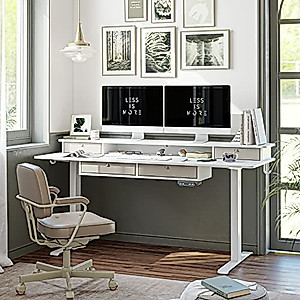 FEZIBO Sturdy Height Adjustable Electric Standing Desk with Drawers, 63 x 24 Inch Stand Up Table with Large Storage Shelf, Sit Stand Desk, White Top