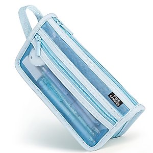 Four Candies Grid Mesh Pencil Case with Handle and Zipper, Clear Double-layer Pencil Pouch Marker Pouch, Travel Makeup Bag, Cute Transparent Stationary Organizer Pen Bag for Adult Office College