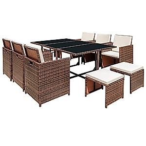 Homall 11 Pieces Patio Dining Sets Outdoor Furniture Patio Wicker Rattan Chairs and Tempered Glass Table Sectional Set Conversation Set Cushioned with Ottoman (Brown)