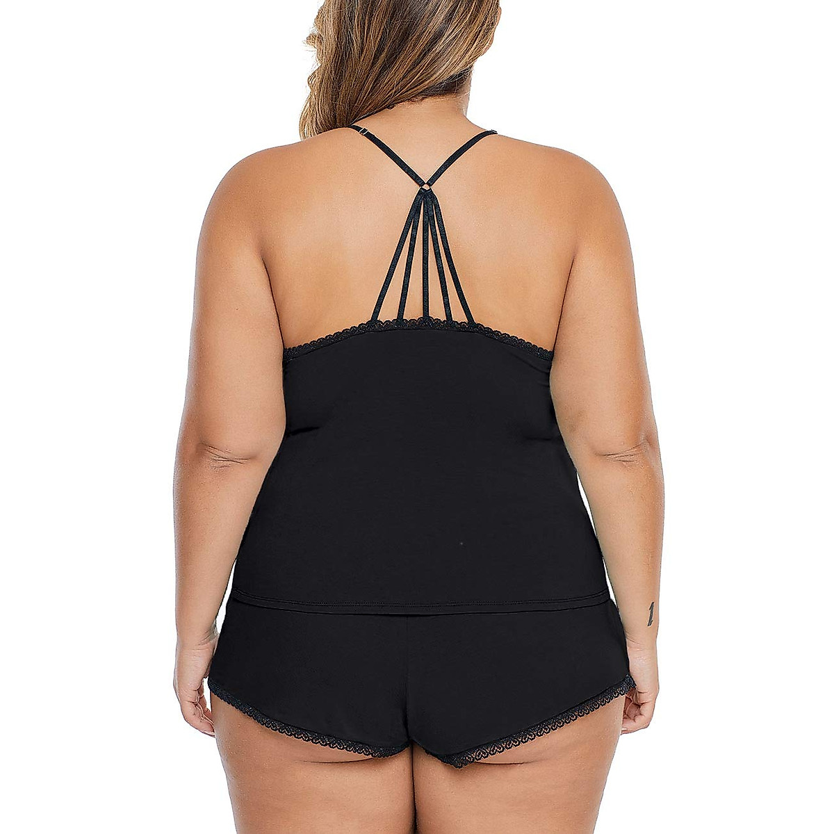 XAKALAKA Women Plus Size Pajamas Cami Shorts Set Nightwear Sexy Lace Lingerie Sleepwear Black XXXL