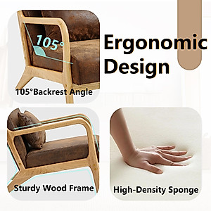 Dolonm Modern Accent Chair with Wood Frame, Crazy Horse PU Leather Chair with Waist Cushion, Armchair for Living Room, Bedroom, Game Room, Home Office or Lounge, Brown PU