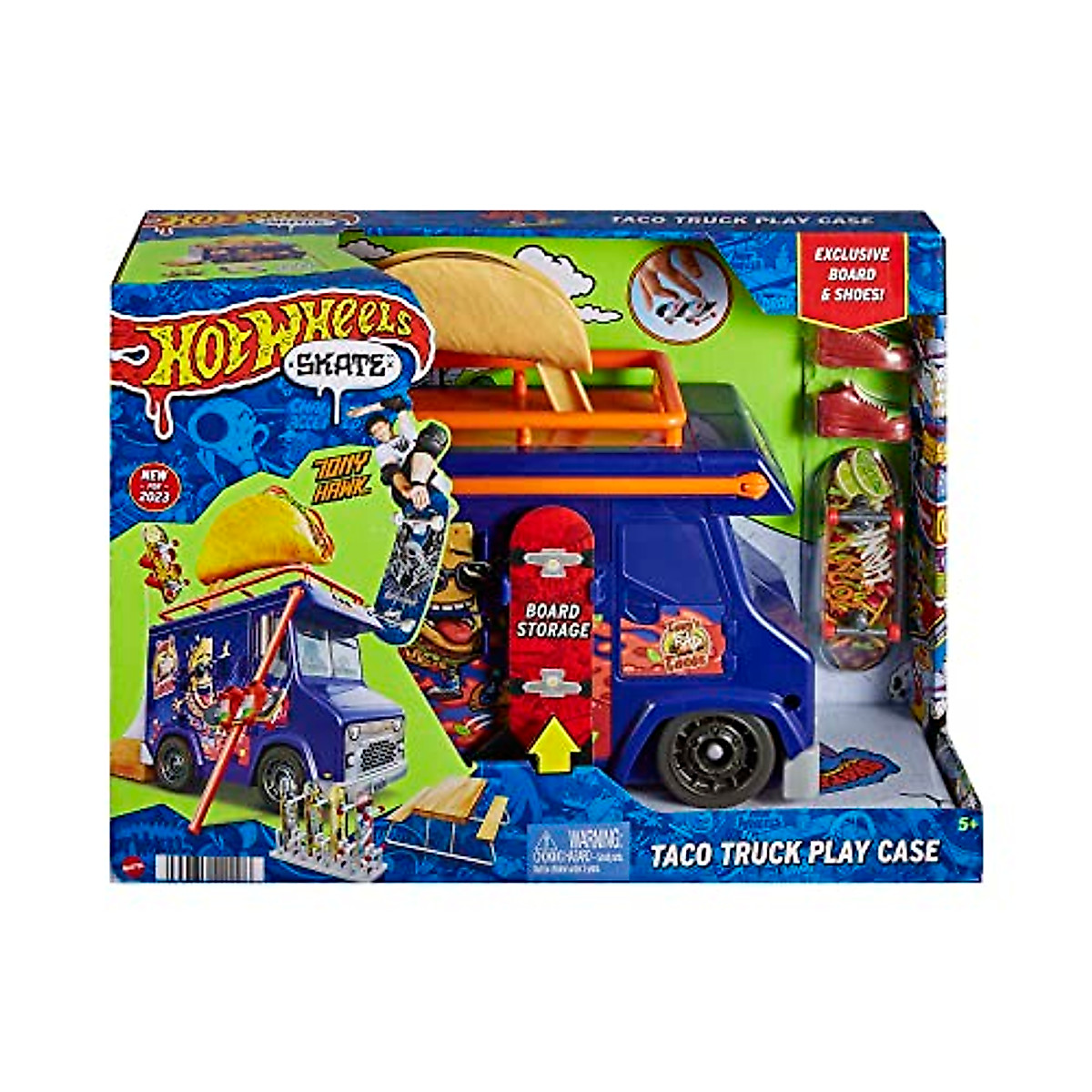 Hot Wheels Skate Taco Truck Play Case, Portable Fingerboard Skate Set with 1 Exclusive Board, 1 Pair of Removable Skate Shoes & Storage