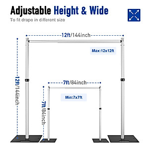 Hecis 12x12Ft Double Crossbar Pipe and Drape Backdrop Stand, 7-12' Tall x 7-12' Wide Adjustable Pipe and Drape Stand, Heavy Duty Backdrop Stand for Event, Party, Trade Shows and Wedding Decor