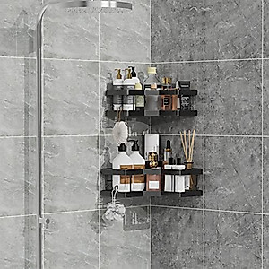 Corner Shower Caddy No Drilling,Shower Organizer Corner,Strong Adhesive Shower Shelves,Metal Bathroom Organizer Shower with Hooks,Shower Wall Caddy Waterproof,Rustproof Black 2 Pack