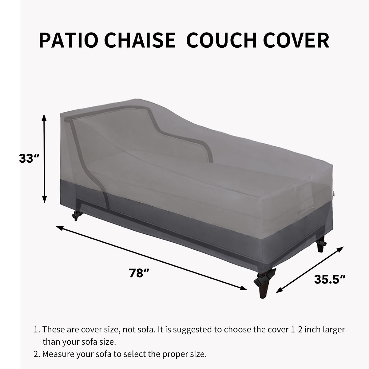 Easy-Going Waterproof Outdoor Chaise Lounge Cover, Heavy Duty Patio Lounge Chair Cover, Windproof Outdoor Furniture Cover with Air Vent 2 Pack-78Wx35.5Dx33H inch, Gray/Dark Gray