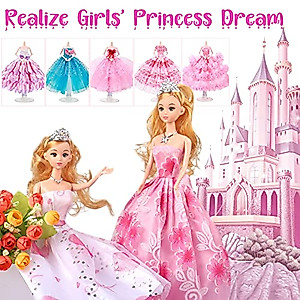 48 Pcs Doll Clothes Outfit for Doll, 11.5 Inch Doll Accessories Collection with 6 Princess Dresses+20 Shoes+10 Bags+6 Necklaces+6 Crowns (Random Style) for Doll Loving Girls Birthday Gifts