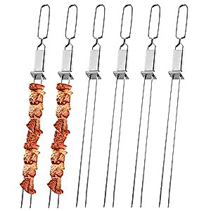 6 Pack Kabob Skewer for Grilling- 17" Long Metal Stainless Steel BBQ Skewer Stick with Push Bar, Reusable Double Pronged Kebab Skewer Tool Quick Release Meat, Chicken, Vegetable and Fruit