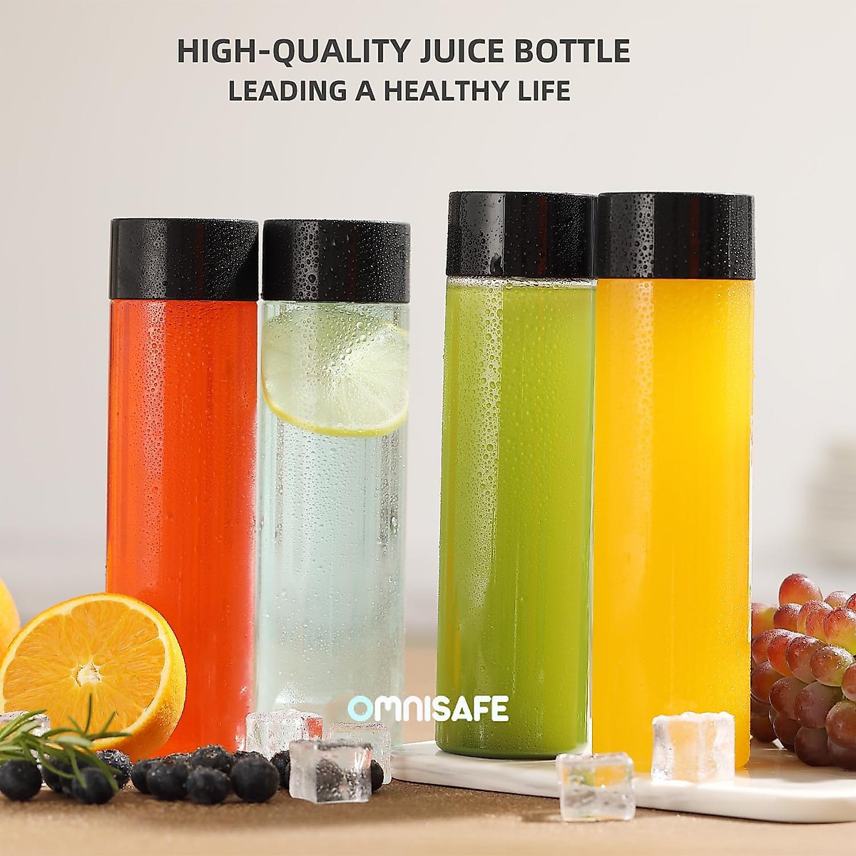 OMNISAFE 15Pcs 12Oz Rectangle Plastic Juice Bottles with Caps, Empty Reusable Clear Bottles with Leak-Proof Lid, Bulk Water Containers for Cold Drinks, Smoothie and Beverages