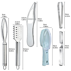 Worldity 7 Pieces Fish Scaler Brush Remover with Gray Mitten, Stainless Steel Sawtooth Remover Removing Peeler Cleaning Tool Fish Shape Tweezers for Fish Scales Removing Peeling