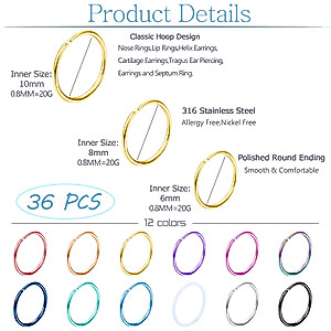 Magitaco 36PCS 20G Nose Ring Hoop 316L Stainless Steel Nose Piercing Lip Septum Tragus Ring Helix Cartilage Earring Hoop Piercing Nose Rings for Women Men