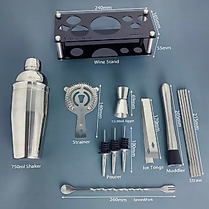 Bartender Kit, 13 Piece Cocktail Shaker Set Stainless Steel Bar Tools with Black Stand, 25 oz Shaker, Jigger, Spoon, Pourers, Muddler, Strainer, Tongs, Recipes