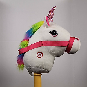 Ponyland: Music Stick Animal - White & Rainbow Unicorn - Music Button, Sturdy Two-Piece Stick W/ Colorful Soft Plush Animal Head, Toy Kids Ages 3+