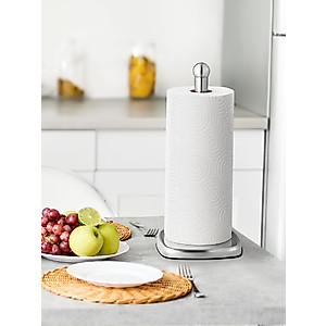 SMARTAKE Paper Towel Holder for Countertop, Standing Kitchen Roll Holder with Suction Cups, Non-Slip Paper Towel Stand, Stainless Steel, Weighted Base, for Kitchen Bathroom, Square Base (Silver)