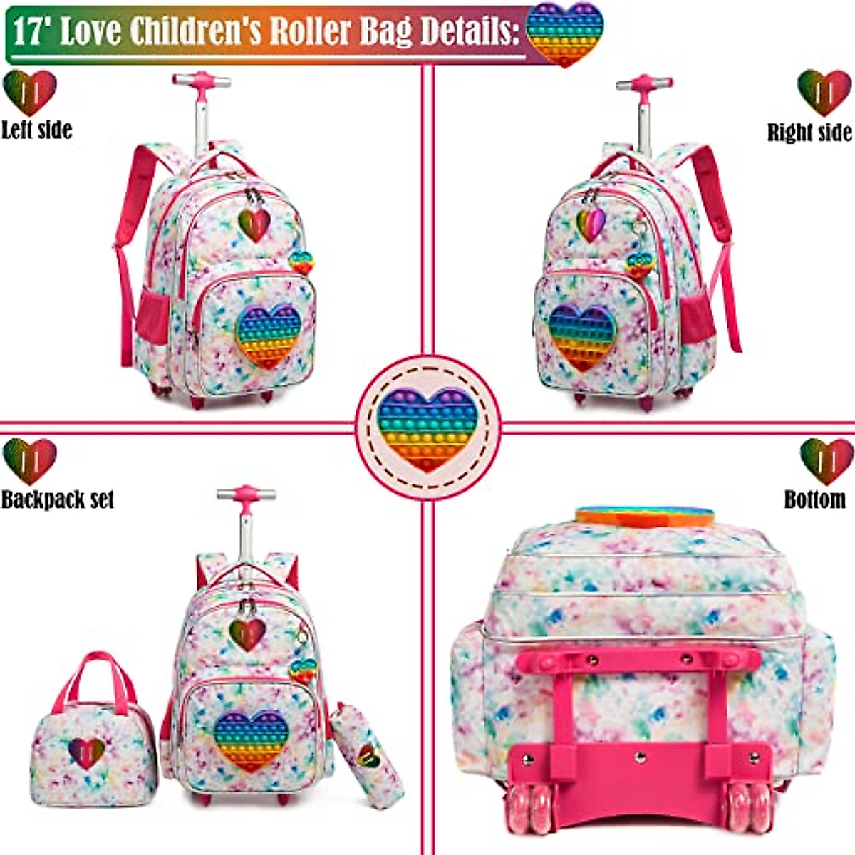 Egchescebo School Bags Kids Rolling Love Backpack for Girls Luggage Suitcase With Wheels Trolley Wheeled Backpacks for Girls Travel Bags 17' 3PCS Toy With Lunch Box Red