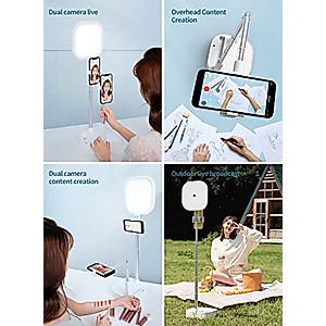 yAyusi Phone Stand for Recording, Overhead 360° Rotation with Two Phone Holders, Content Creator Kit, Rechargeable Adjust Foldable 15 Brightness LED Light for Live Streaming/YouTube/Video Recording